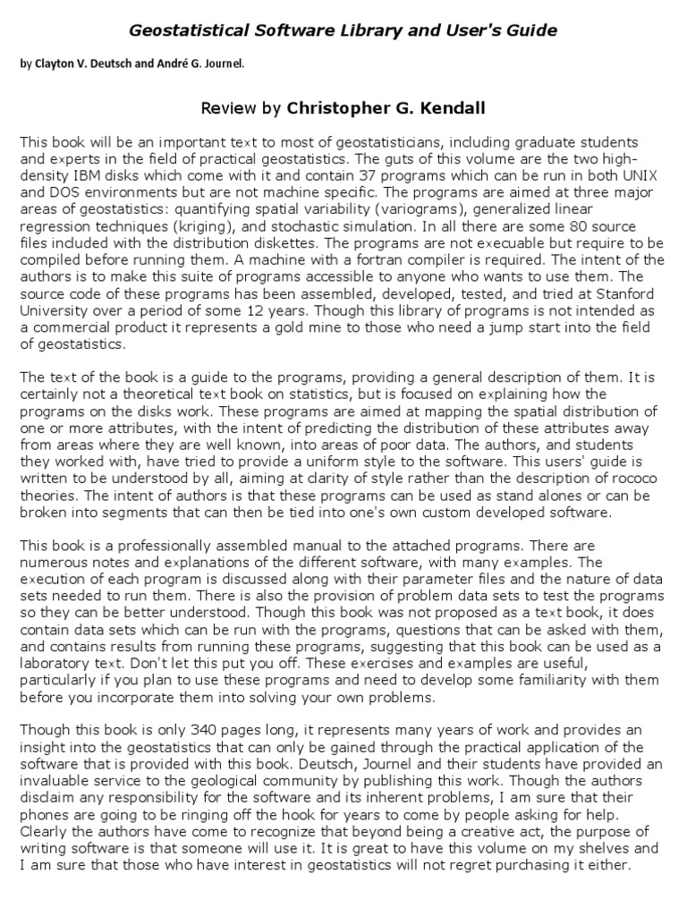 Review by Christopher G. Kendall: Geostatistical Software Library and User's Guide | PDF ...