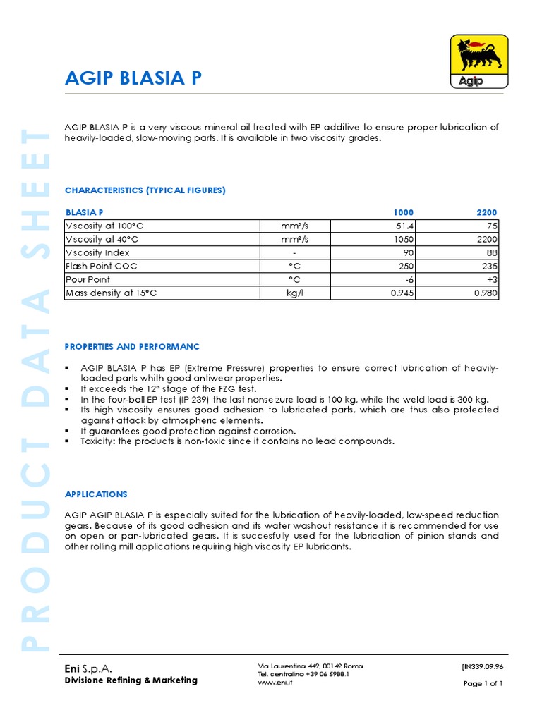Agip Blasia P 1000 | PDF | Motor Oil | Materials