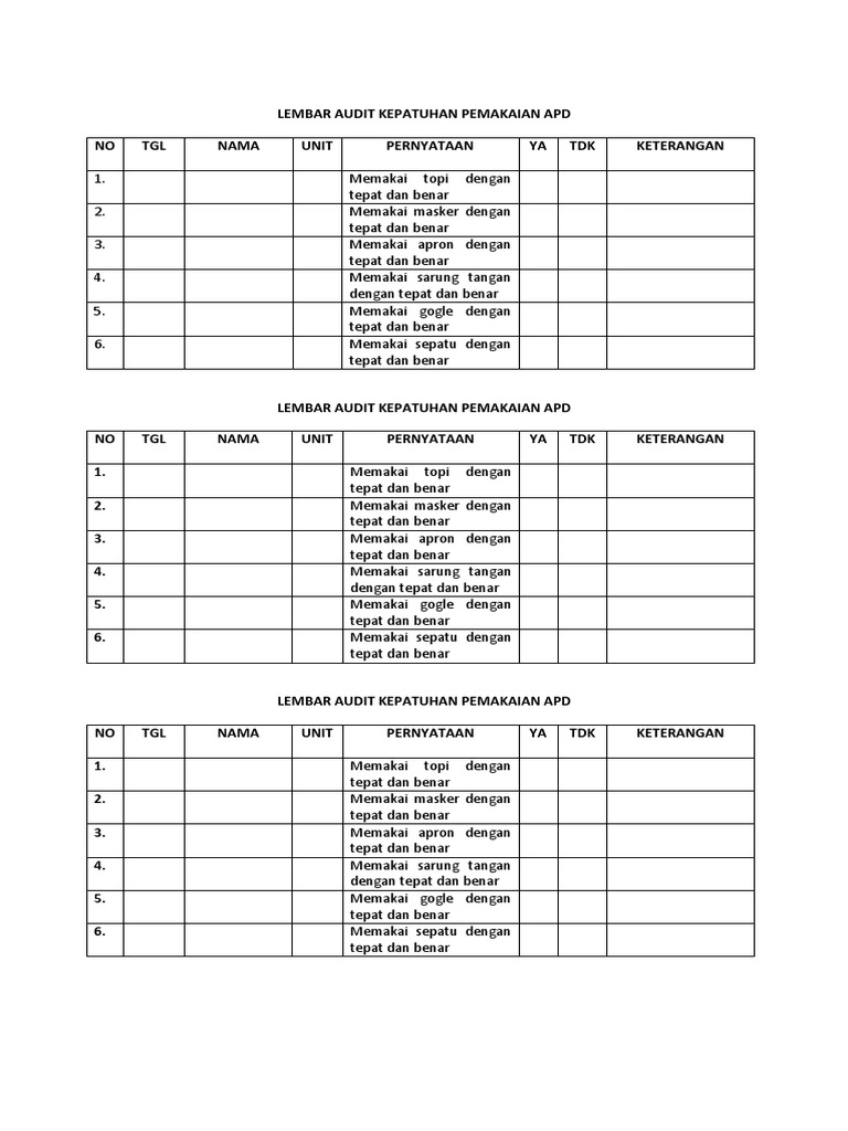 Lembar Audit Kepatuhan Pemakaian Apd | PDF