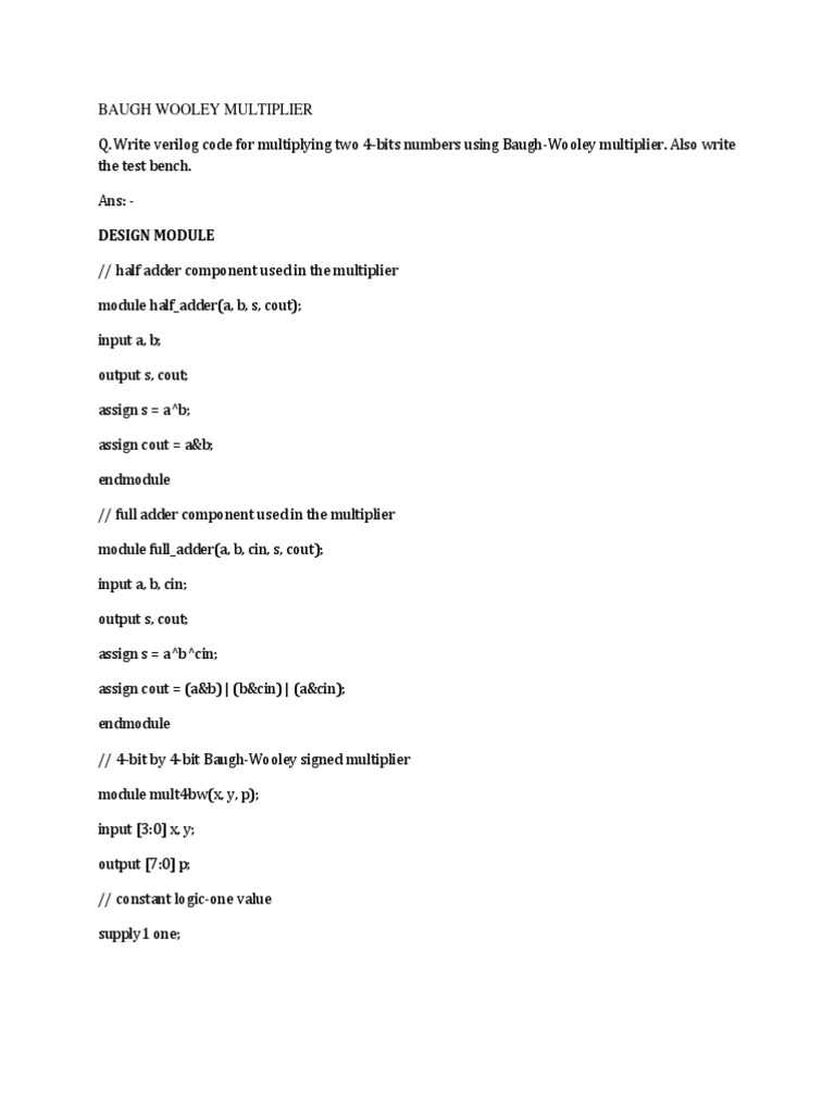 Baugh Wooley Multiplier | PDF | Electronic Engineering | Software Engineering