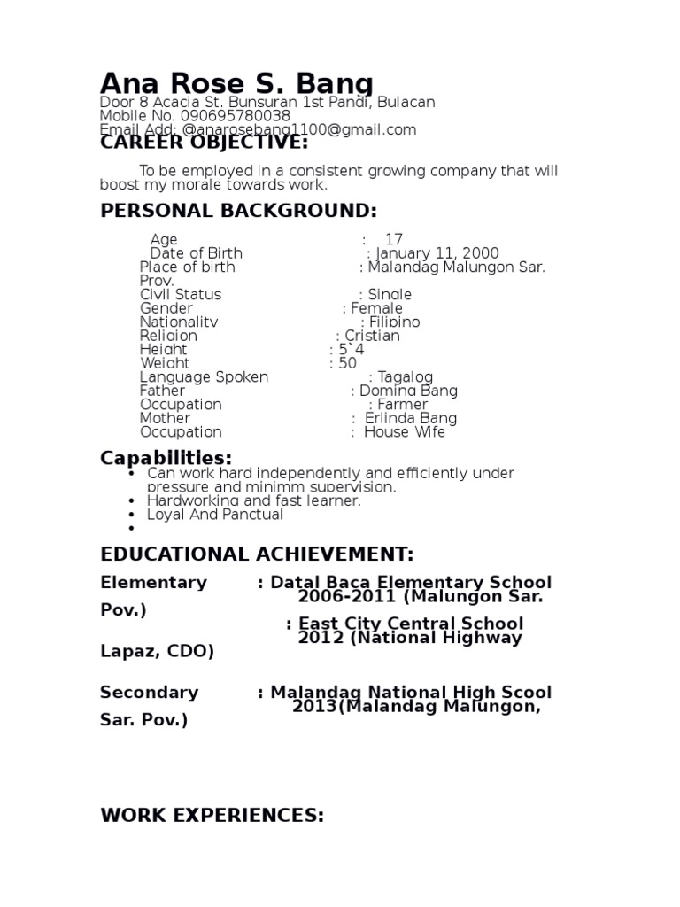 Resume of Ana Rose S. Bang | PDF | Self-Improvement | Wellness