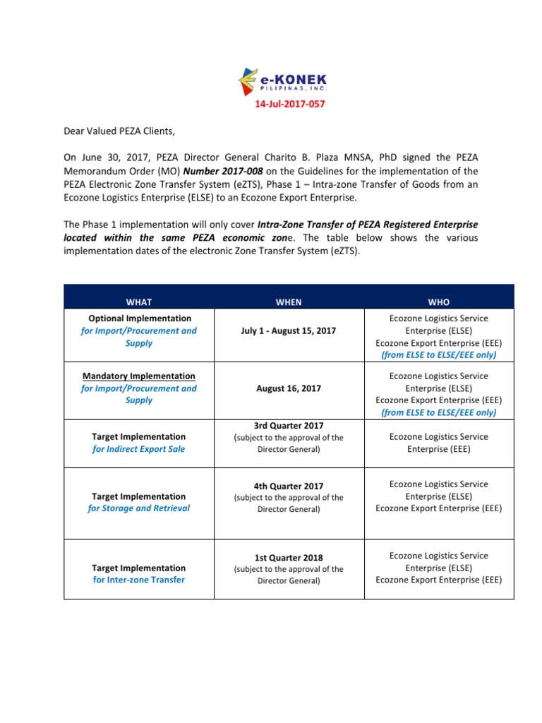 PEZA eZTS Implementation Guidelines | PDF | Logistics | Computing