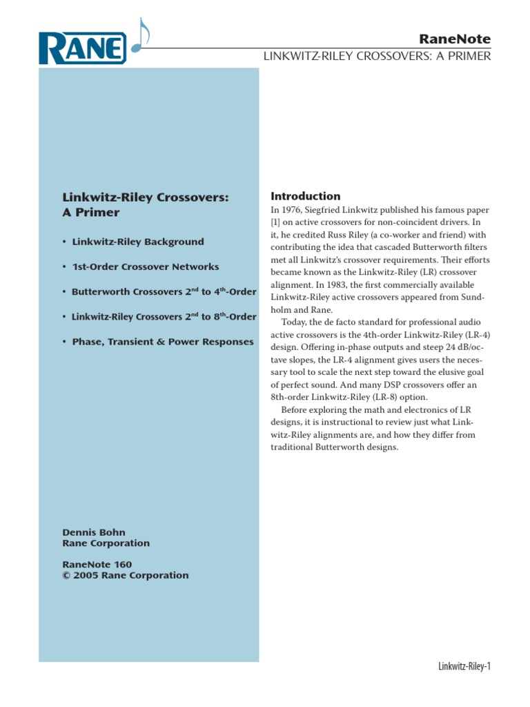 Linkwitz-Riley Crossovers: A Primer: Ranenote | PDF | Low Pass Filter ...