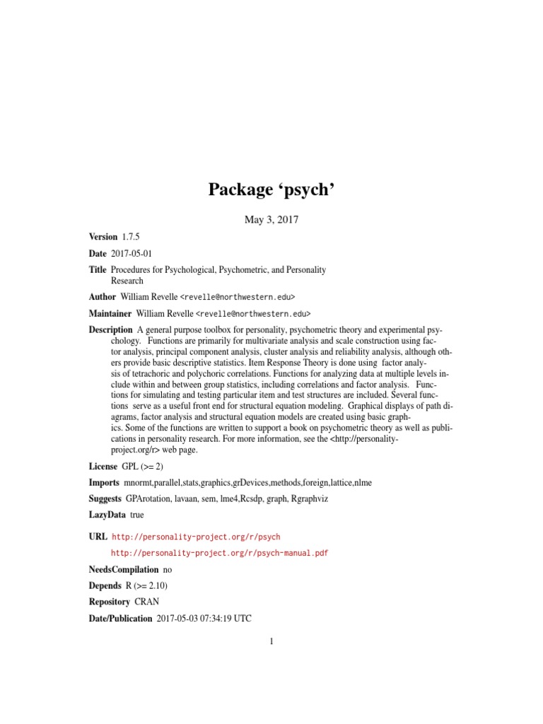 Psych R Package Pdf Factor Analysis Statistics 
