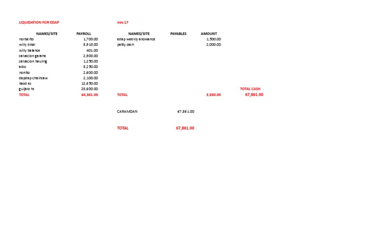 Names/Site Payroll Names/Site Payables Amount: Liquidation For Edap Nov.17 | PDF