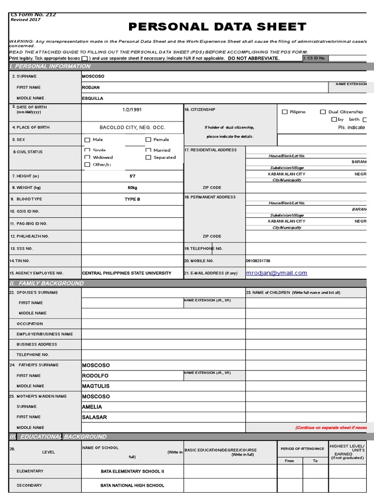 CS Form No. 212 Revised Personal Data Sheet - New | PDF | Passport ...