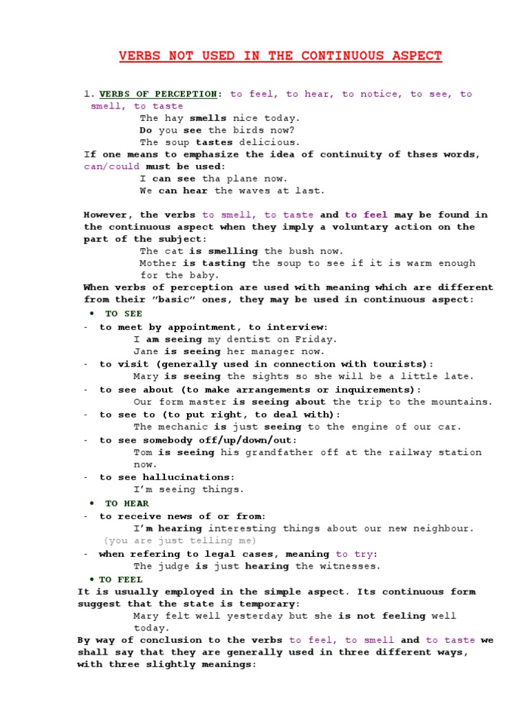Verbs Not Used in The Continuous Aspect | PDF | Feeling | Verb