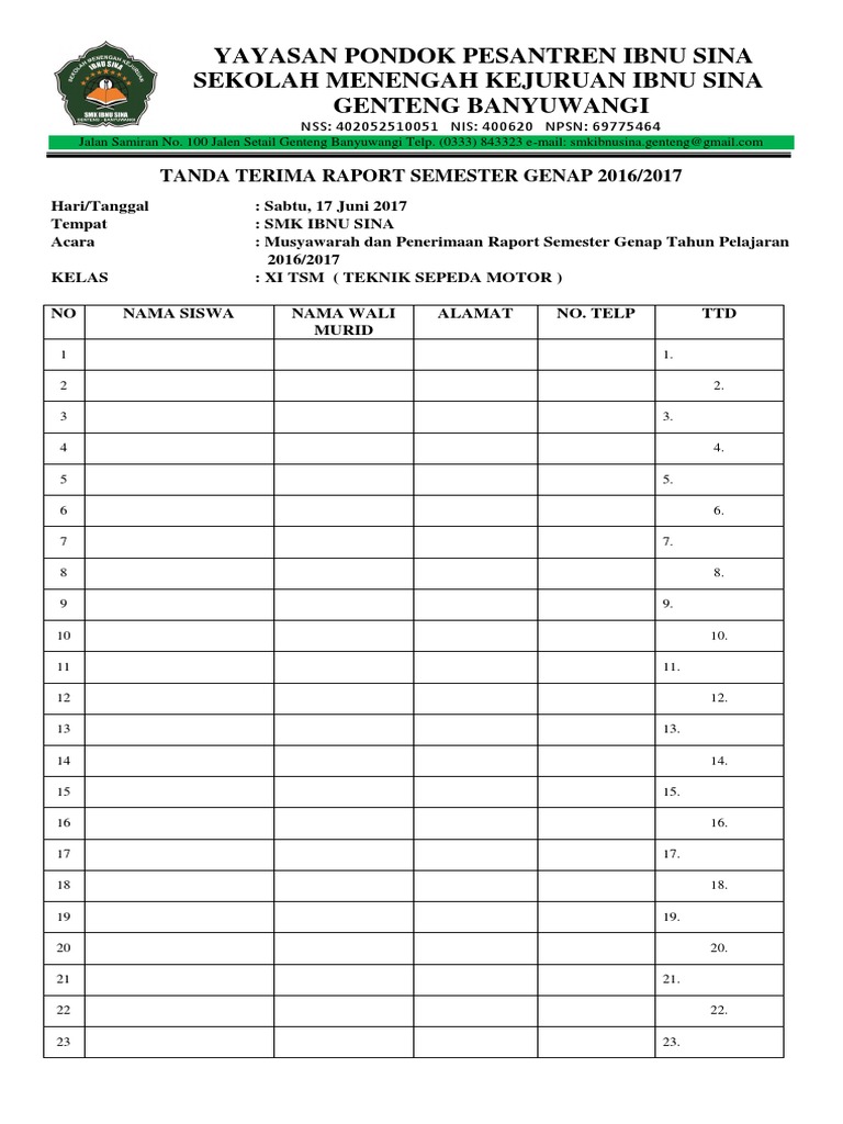 Daftar Hadir Penerimaaan Raport | PDF