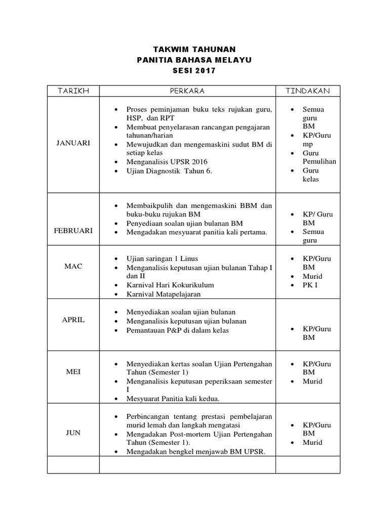 Takwim Panitia BM | PDF