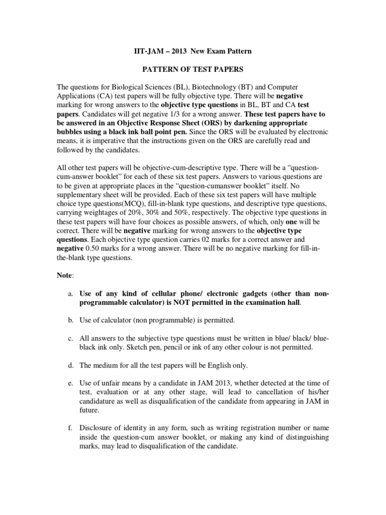 IIT-JAM 2013 Exam Patterns | PDF | Multiple Choice | Test (Assessment)