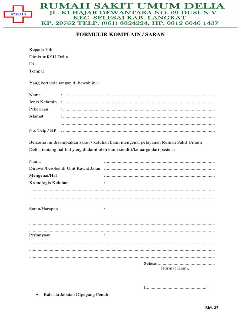 Rm.27 Formulir Komplain | PDF