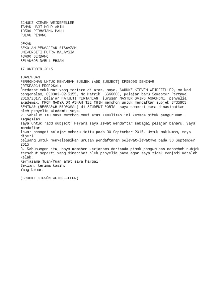 Contoh Surat Rasmi Permohonan Untuk Menambah Subjek Kursus Kerana Tamat ...