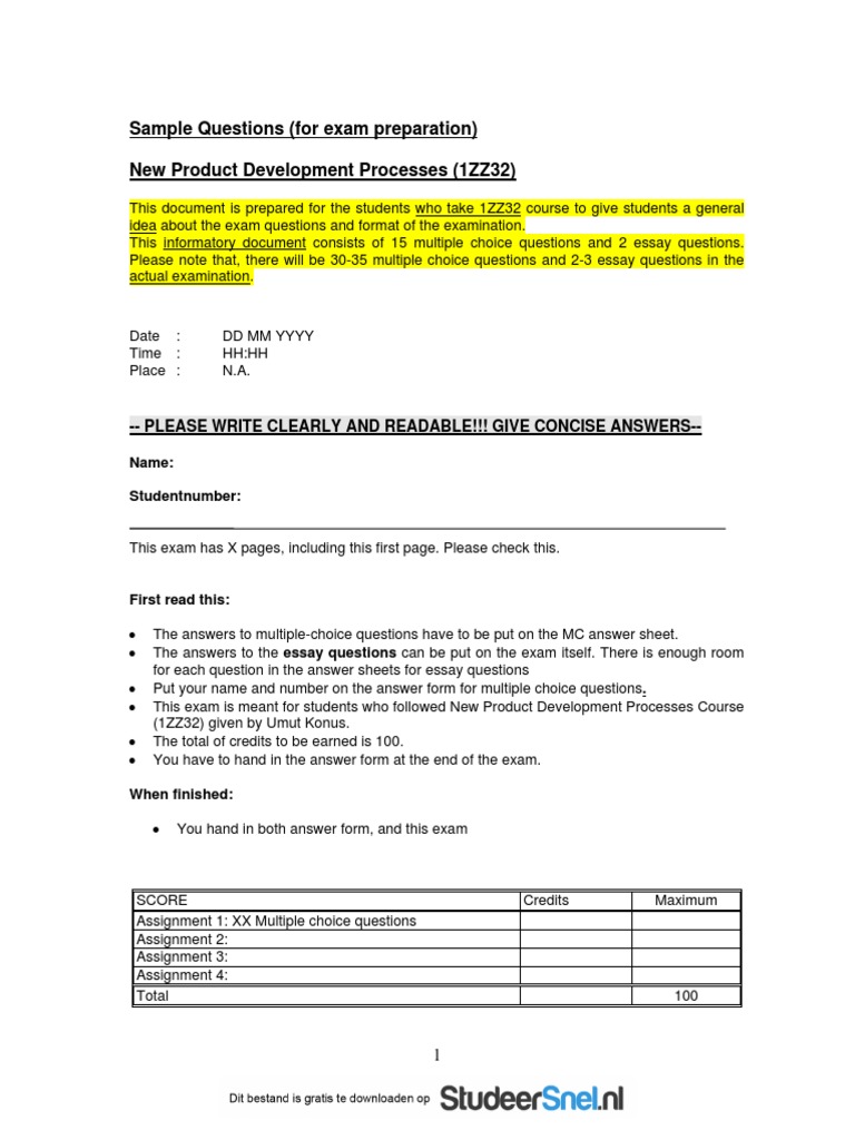 Exam Prep for New Product Development | PDF | Multiple Choice | Market ...