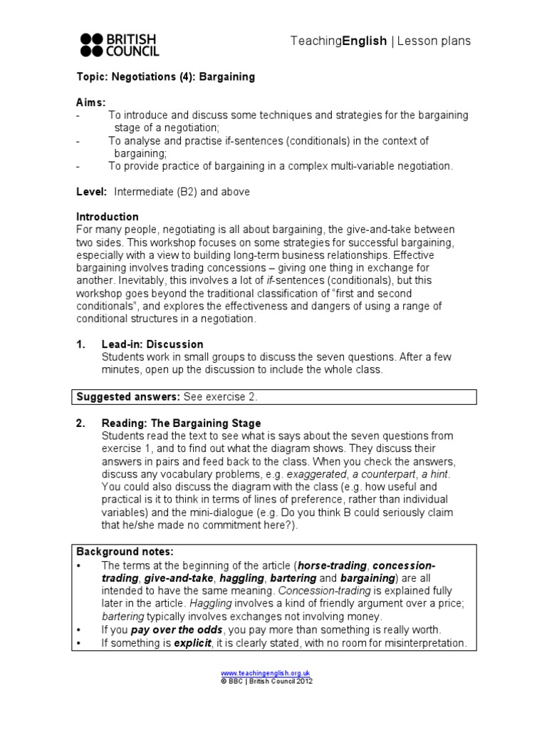 Negotiations 4 Bargaining Lesson Plan | PDF | Bargaining | Negotiation