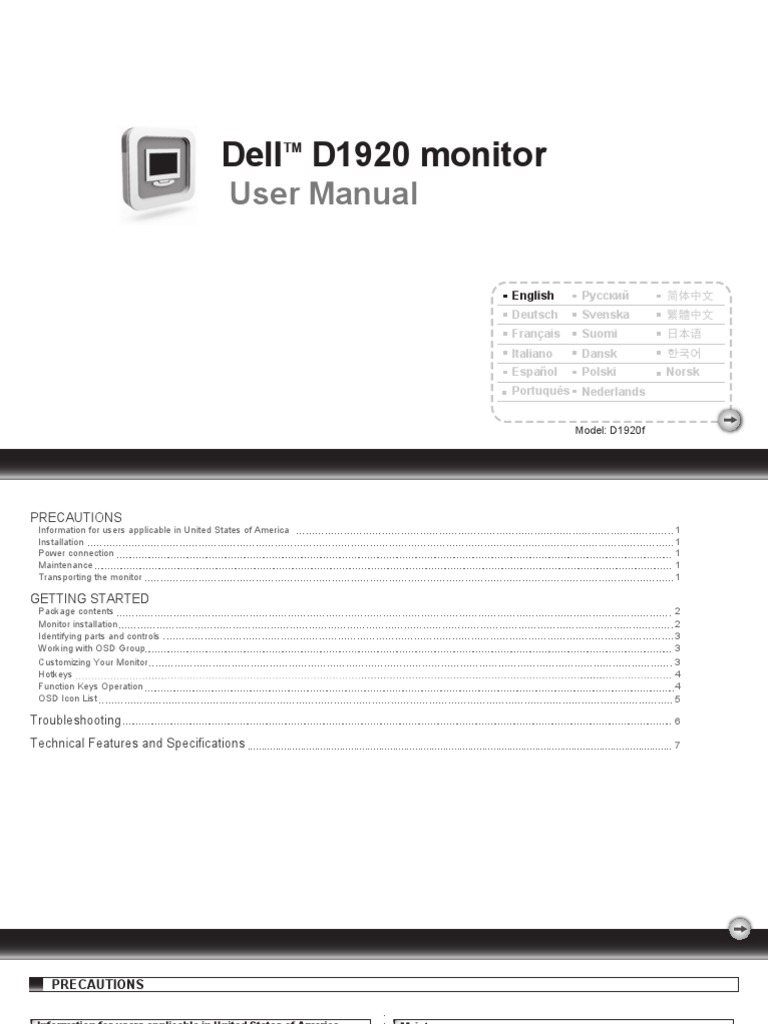 Dell D1920 Monitor: User Manual | PDF | Computer Monitor | Menu (Computing)