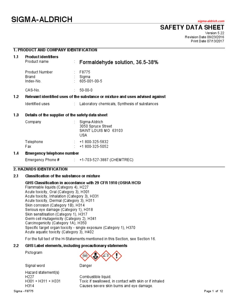 Formaldehyde MSDS | PDF | Formaldehyde | Toxicity