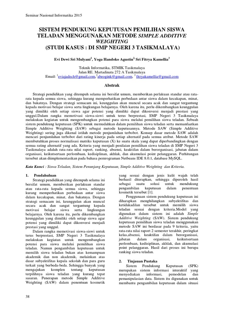 Sistem Pendukung Keputusan Pemilihan Siswa Teladan Menggunakan Metode Simple Additive Weighting ...