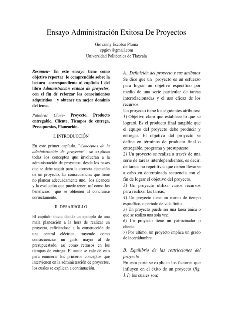 Ensayo Administración Exitosa de Proyectos | PDF | Presupuesto | Proceso de desarrollo de software