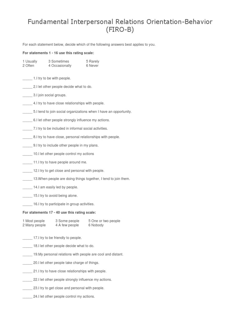 Fundamental Interpersonal Relations Orientation-Behavior (FIRO-B) | PDF