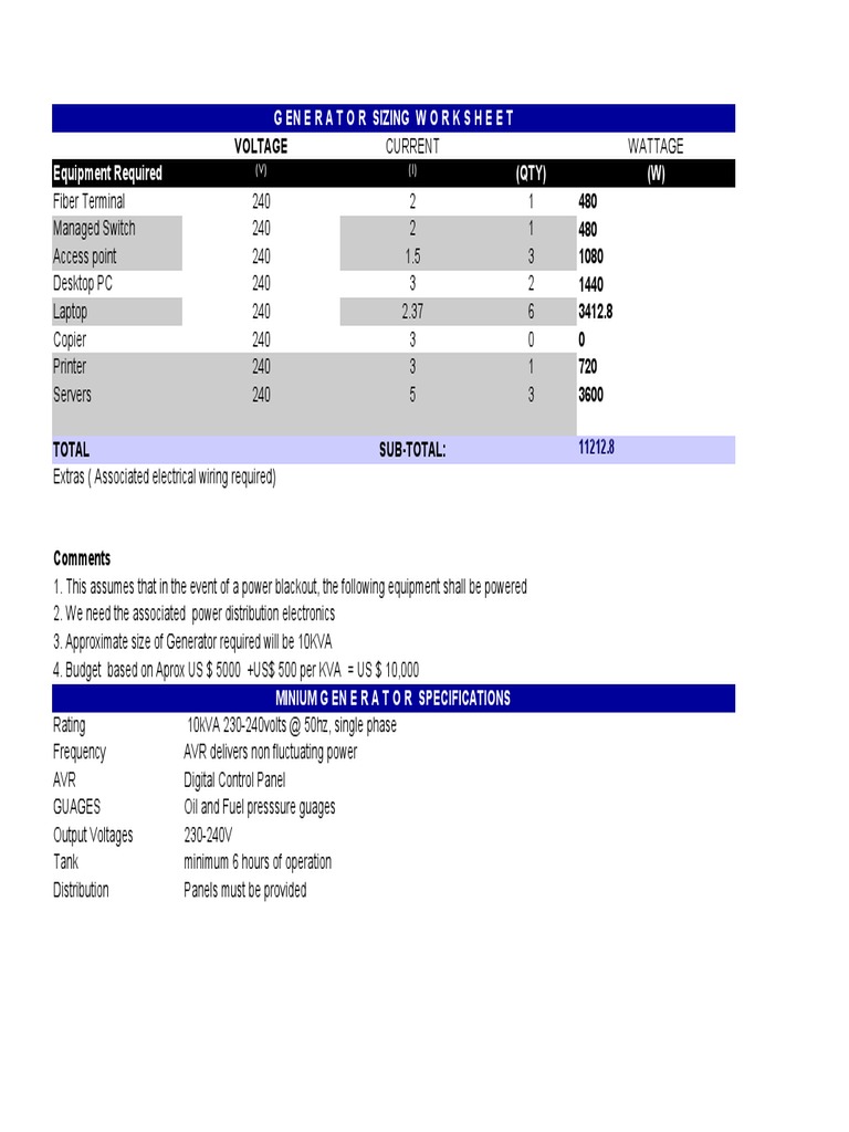 Generator Sizing Requirements | PDF