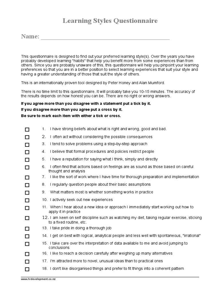 Learning Styles Questionnaire Honey and Mumford11 | PDF | Pragmatism ...