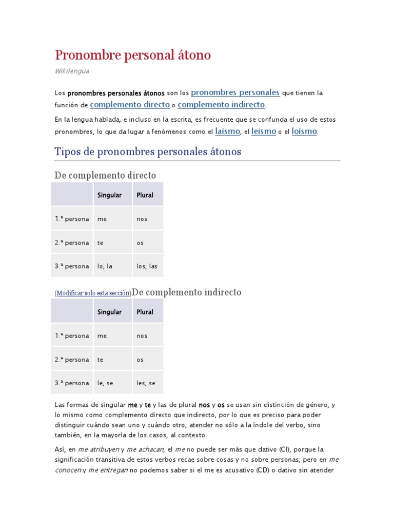 Pronombre Personal Átono y Tonico | PDF | Objeto (gramática) | Pronombre
