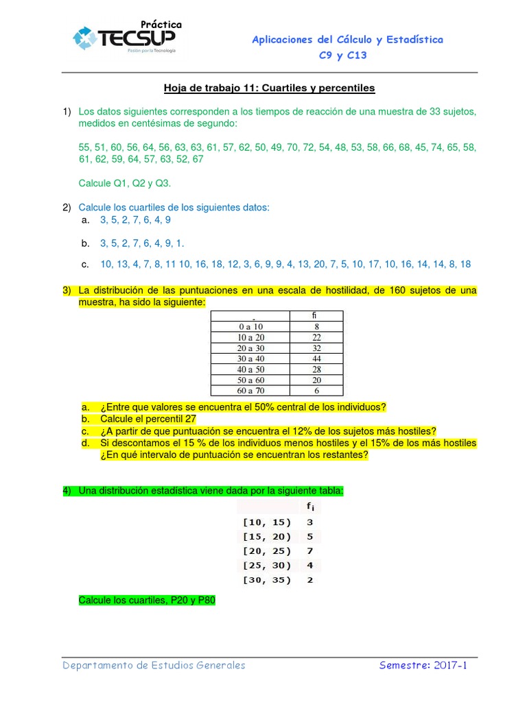 Hoja de Trabajo 11 - Cuartles y Percentiles | PDF | Cuantil | Análisis ...