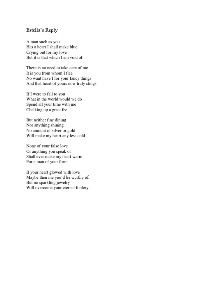 Estella's Cold Rejection of a Man's Professed Love Through a Poem ...