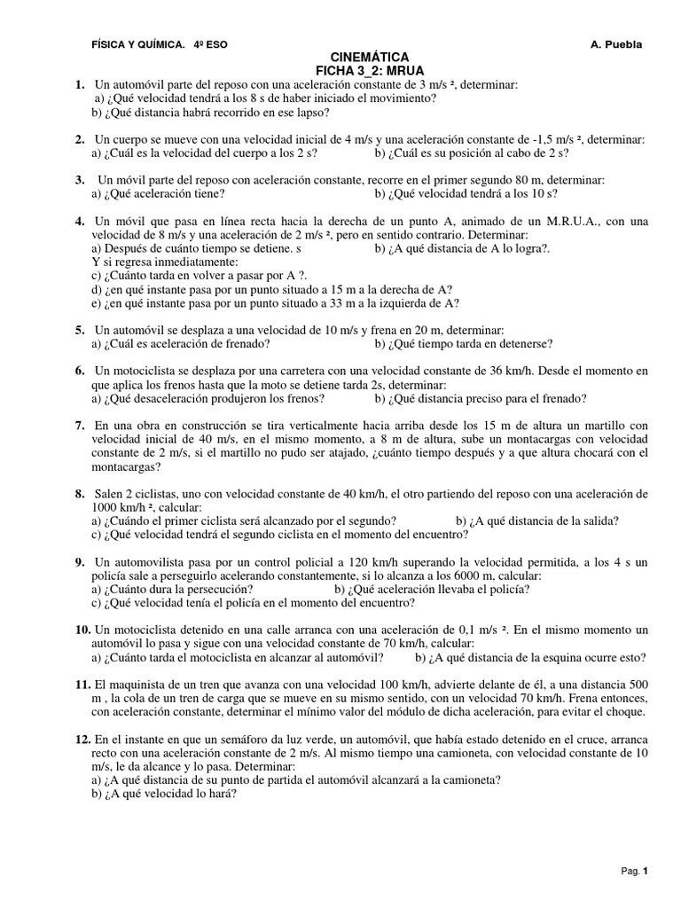 Ficha 3 - 2 - MRUA | PDF | Aceleración | Velocidad