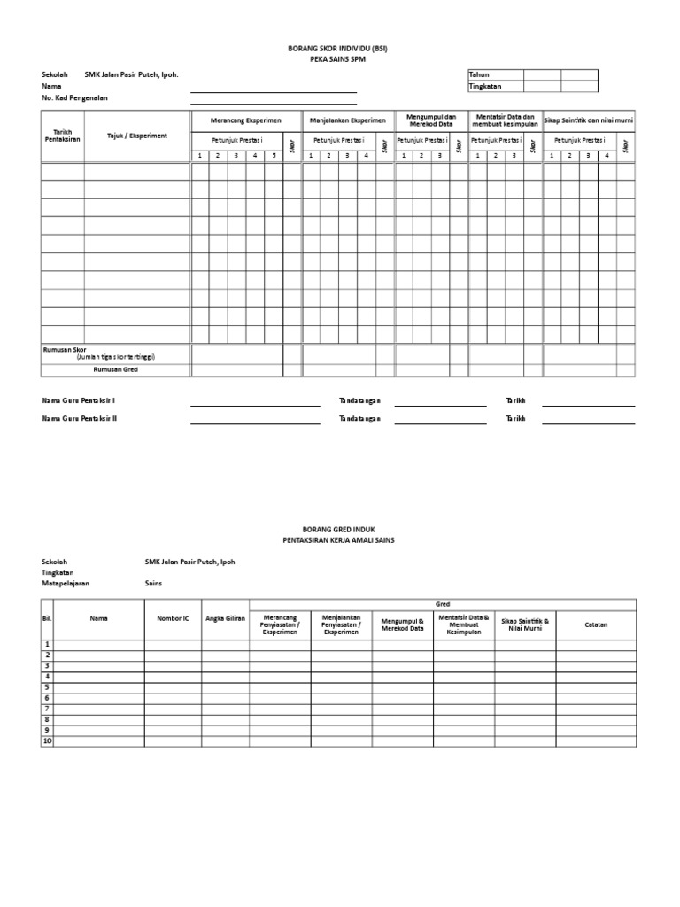 Borang Skor Individu PEKA Sains SPM | PDF