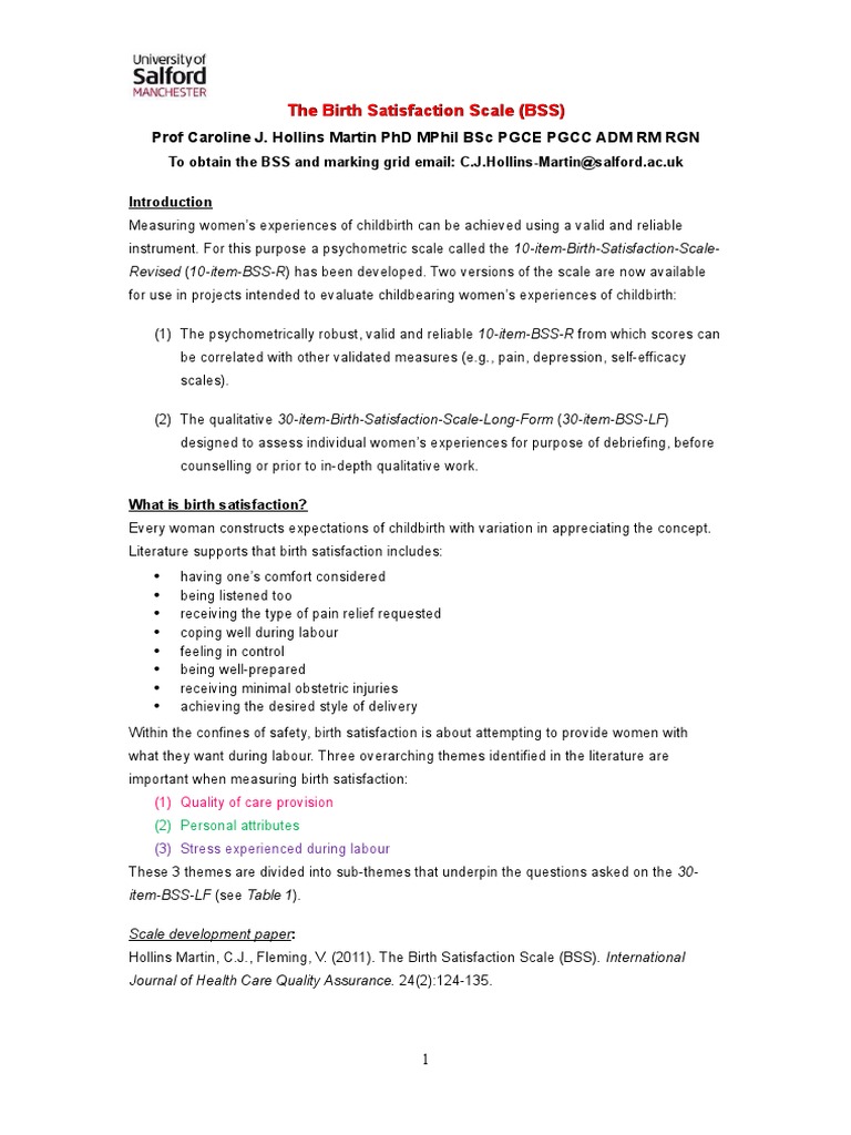 The Birth Satisfaction Scale (BSS | PDF | Psychometrics | Childbirth