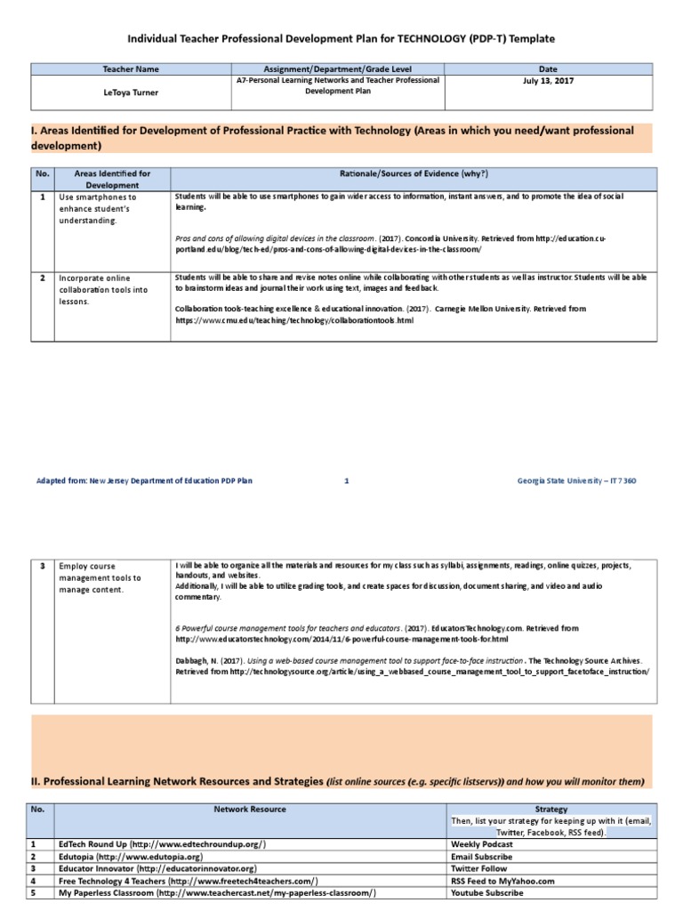 Individual Teacher Professional Development Plan For TECHNOLOGY (PDP-T ...
