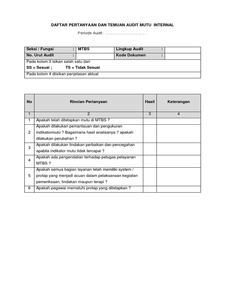 Daftar Pertanyaan Dan Temuan Audit Mutu Internal | PDF