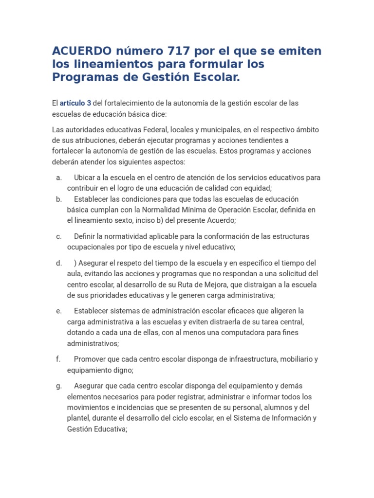 ACUERDO Número 717 Por El Que Se Emiten Los Lineamientos para Formular Los Programas de Gestión ...