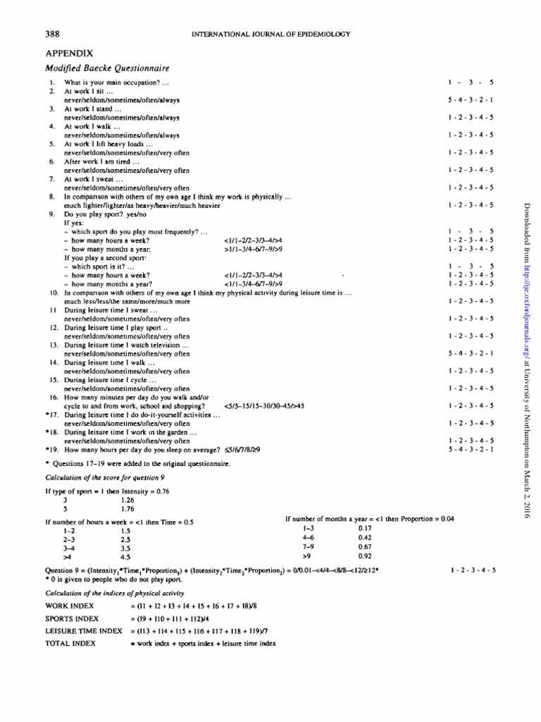 Beacke Physical Activity Questionnaire | PDF