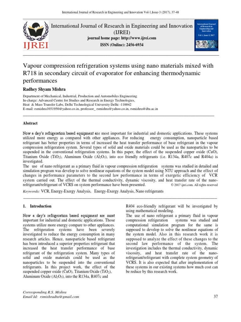 Vapour Compression Refrigeration Systems Using Nano Materials Mixed ...