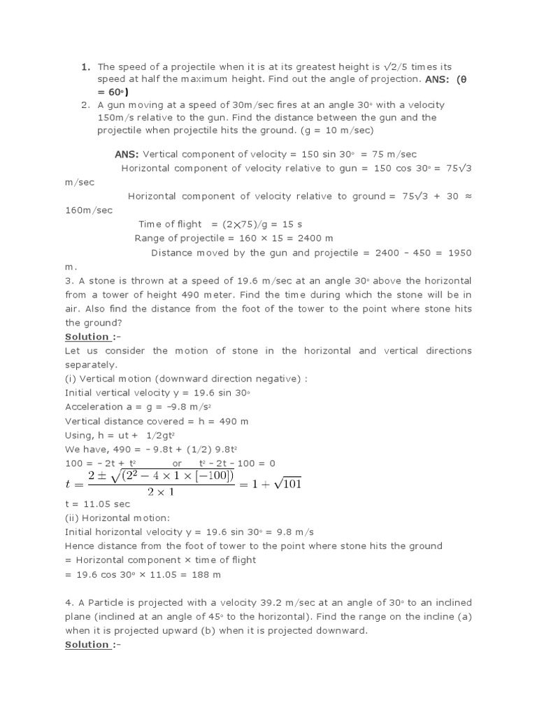 The Speed of A Projectile When It Is at Its Greatest Height Is | PDF ...