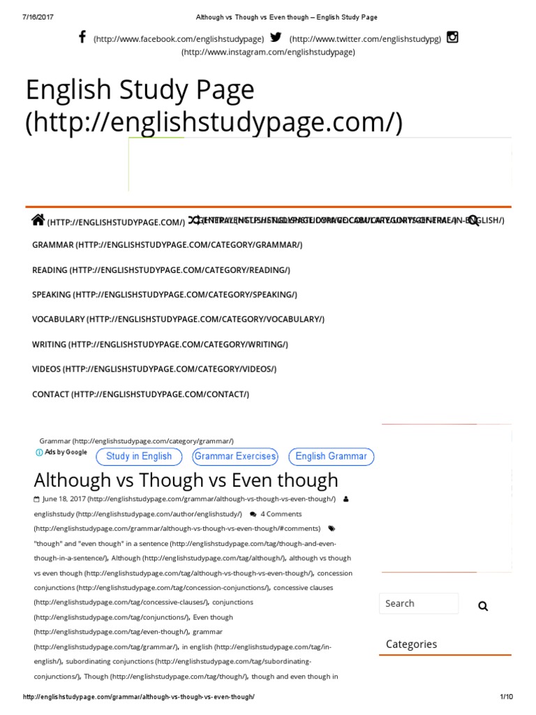 Although Vs Though Vs Even Though | PDF | English Language | Sentence ...