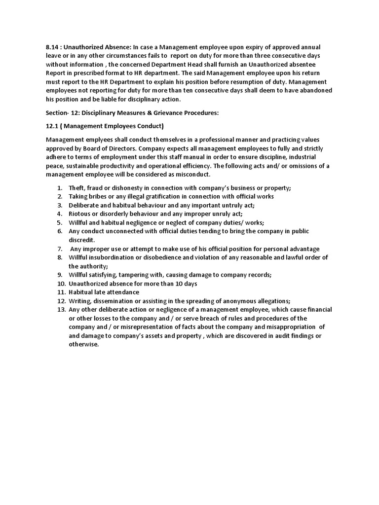 8.14: Unauthorized Absence: in Case A Management Employee Upon Expiry ...