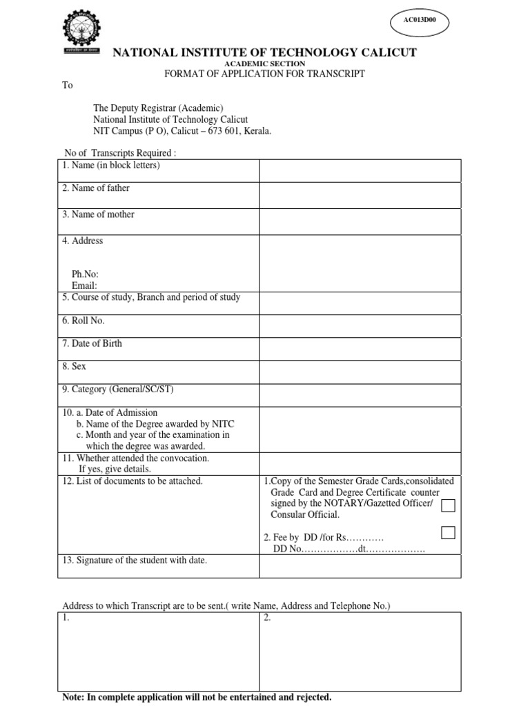 NITC Transcripts Form PDF | PDF
