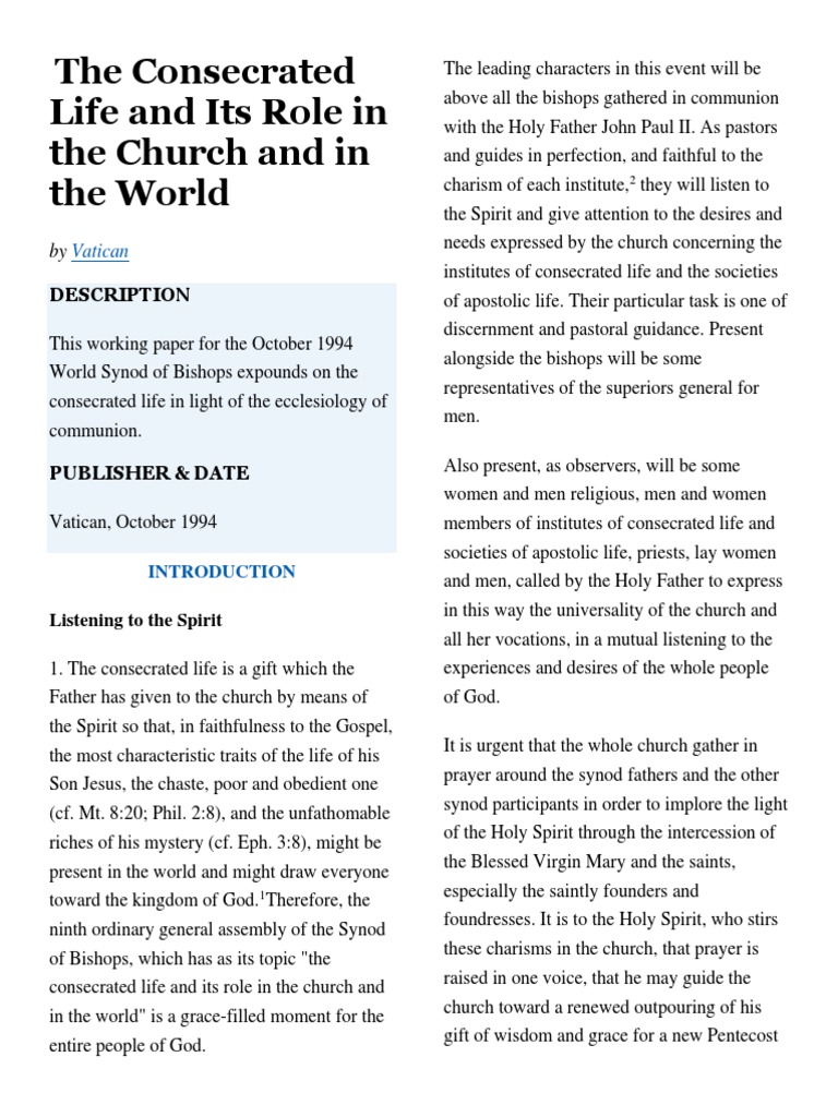 The Consecrated Life and Its Role in The Church and in The World ...