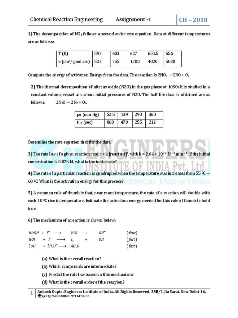 CRE Assignment - 1 | PDF | Chemistry | Physical Chemistry
