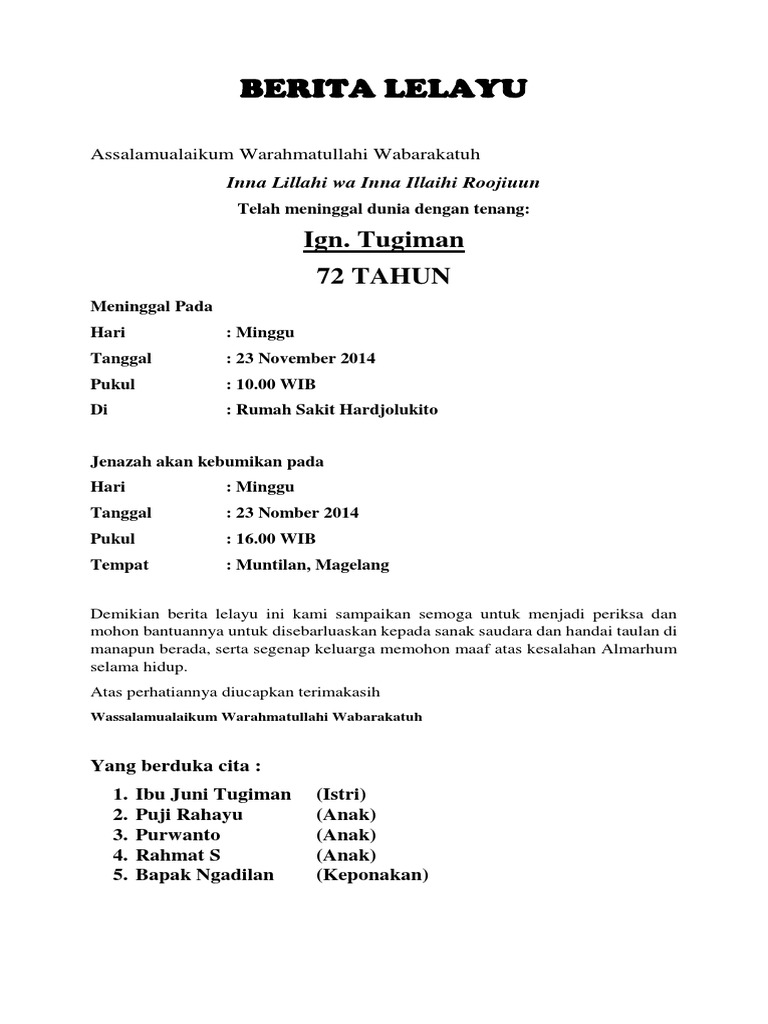 Berita Lelayu Ign. Tugiman 72 Tahun | PDF