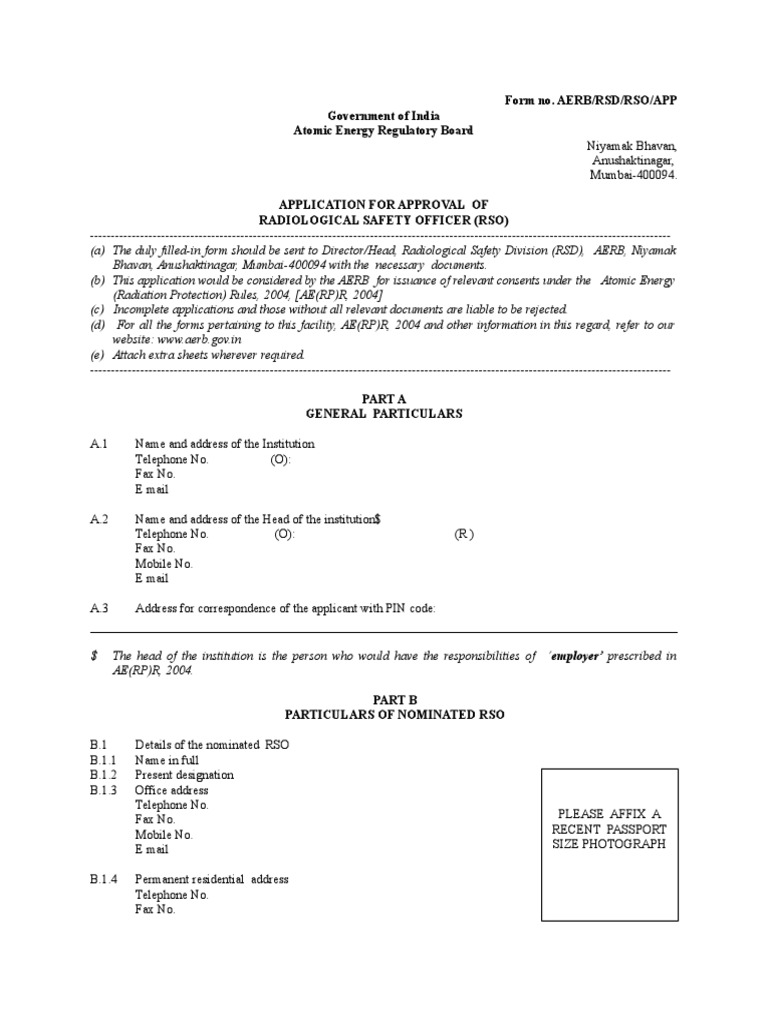 Form No. AERB/RSD/RSO/APP Government of India Atomic Energy Regulatory ...