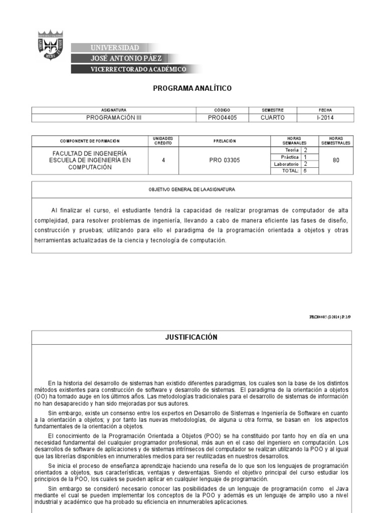 Programa Analitico de Programación III | PDF | Programación orientada a objetos | Java (lenguaje ...