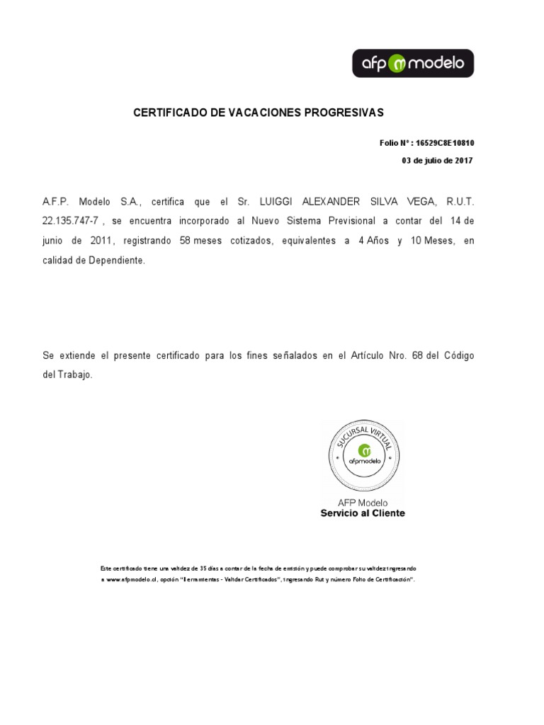 Certificado Vacaciones Progresivas AFP | PDF