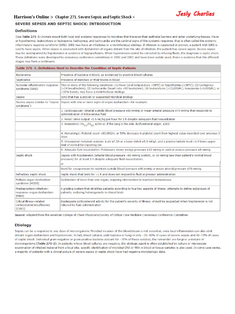 Harrison's Online Chapter 271. Severe Sepsis and Septic Shock | PDF