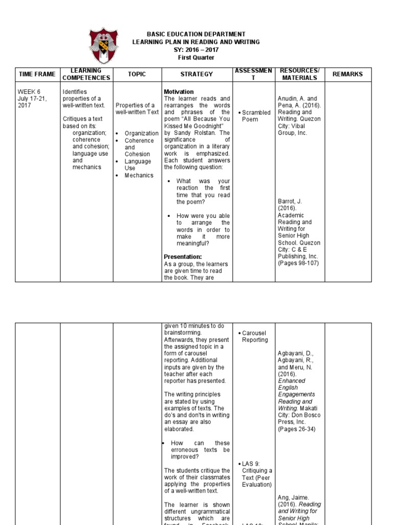 Reading and Writing Learning Plan | PDF | Proofreading | Lesson Plan