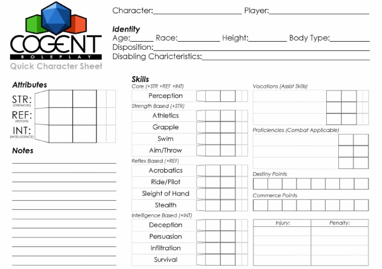 Cogent Roleplay - Quick Character Sheet PDF | PDF