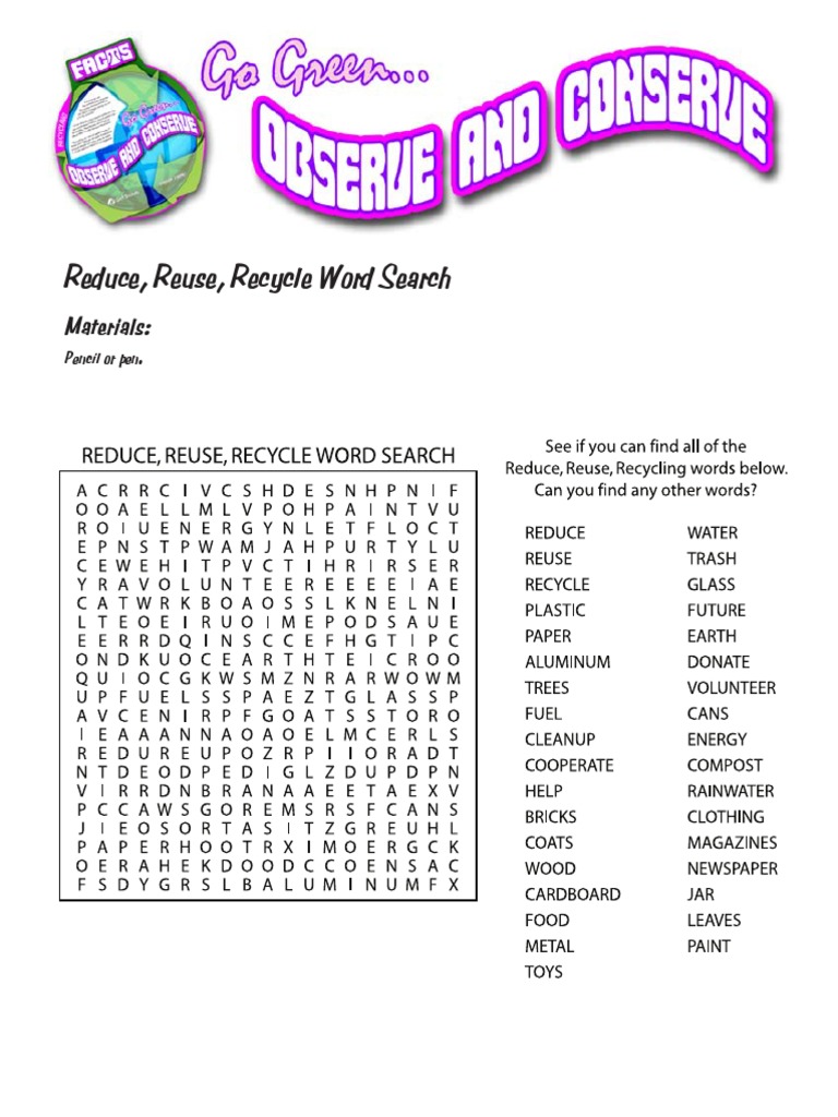 Reduce, Reuse, Recycle Word Search: Materials | PDF